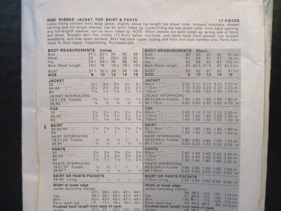 Butterick Quick! Pattern 6380 Miss Sz 10 Jacket Top Skirt Pants Cut ...