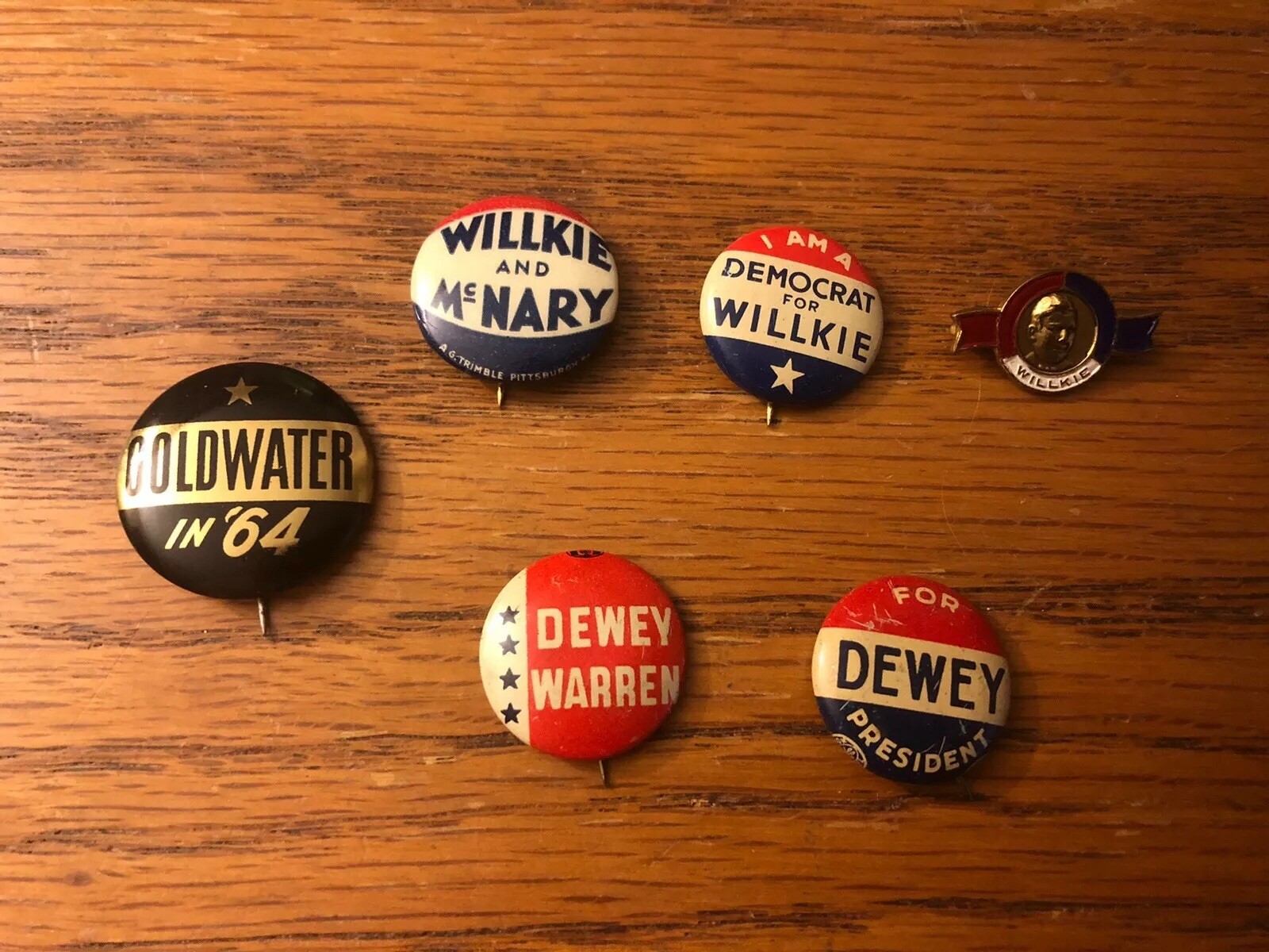 Lot Of 6 Political Campaign Pins Dewey Goldwater Warren Wilkie McNary ...