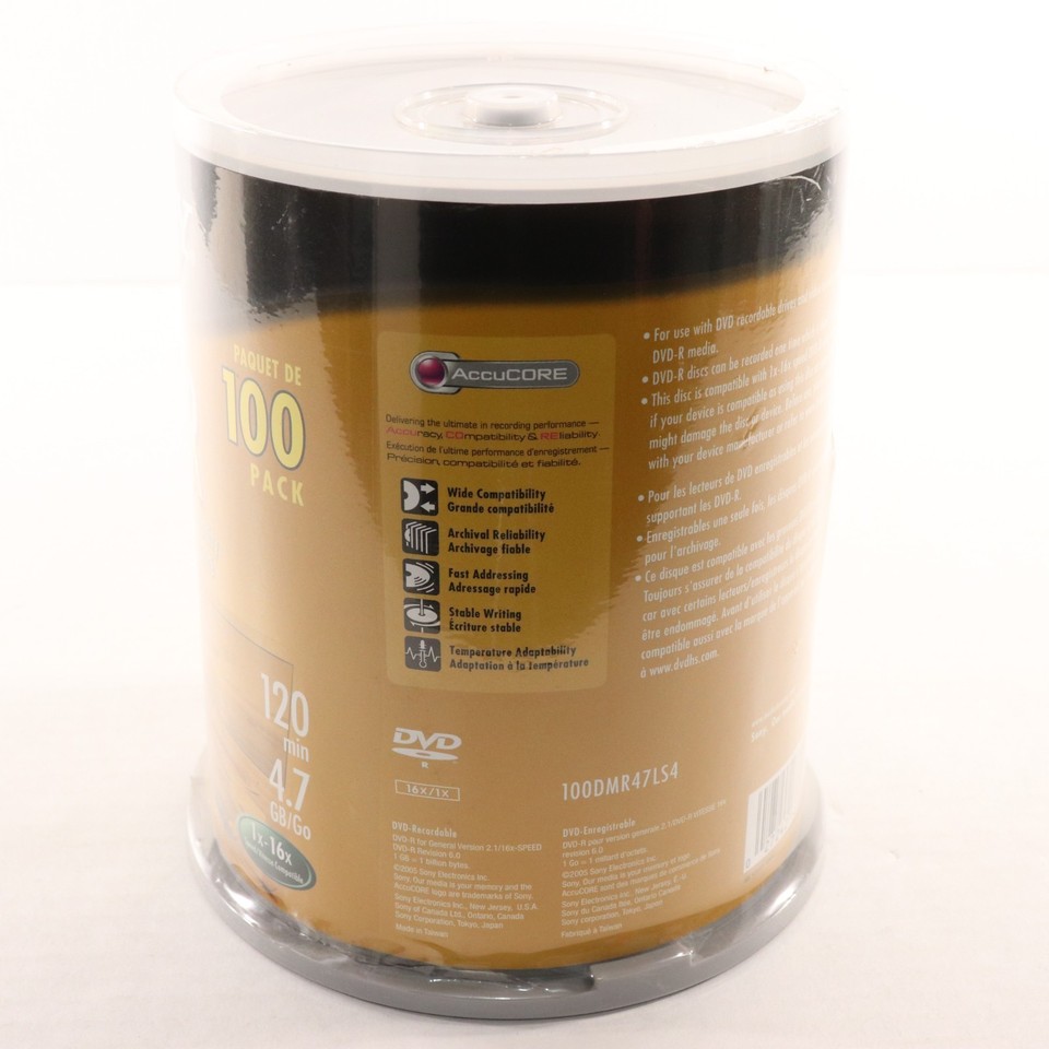 SONY 100 Pack DVD-R 4.7GB 120min 1x - 16X Optical Media Recordable NEW ...