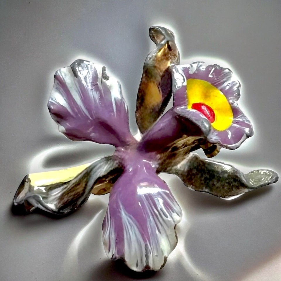 Purple Enamel Flower Brooch Silver Tone Iris Pin Dainty 1 Inch Vintage ...