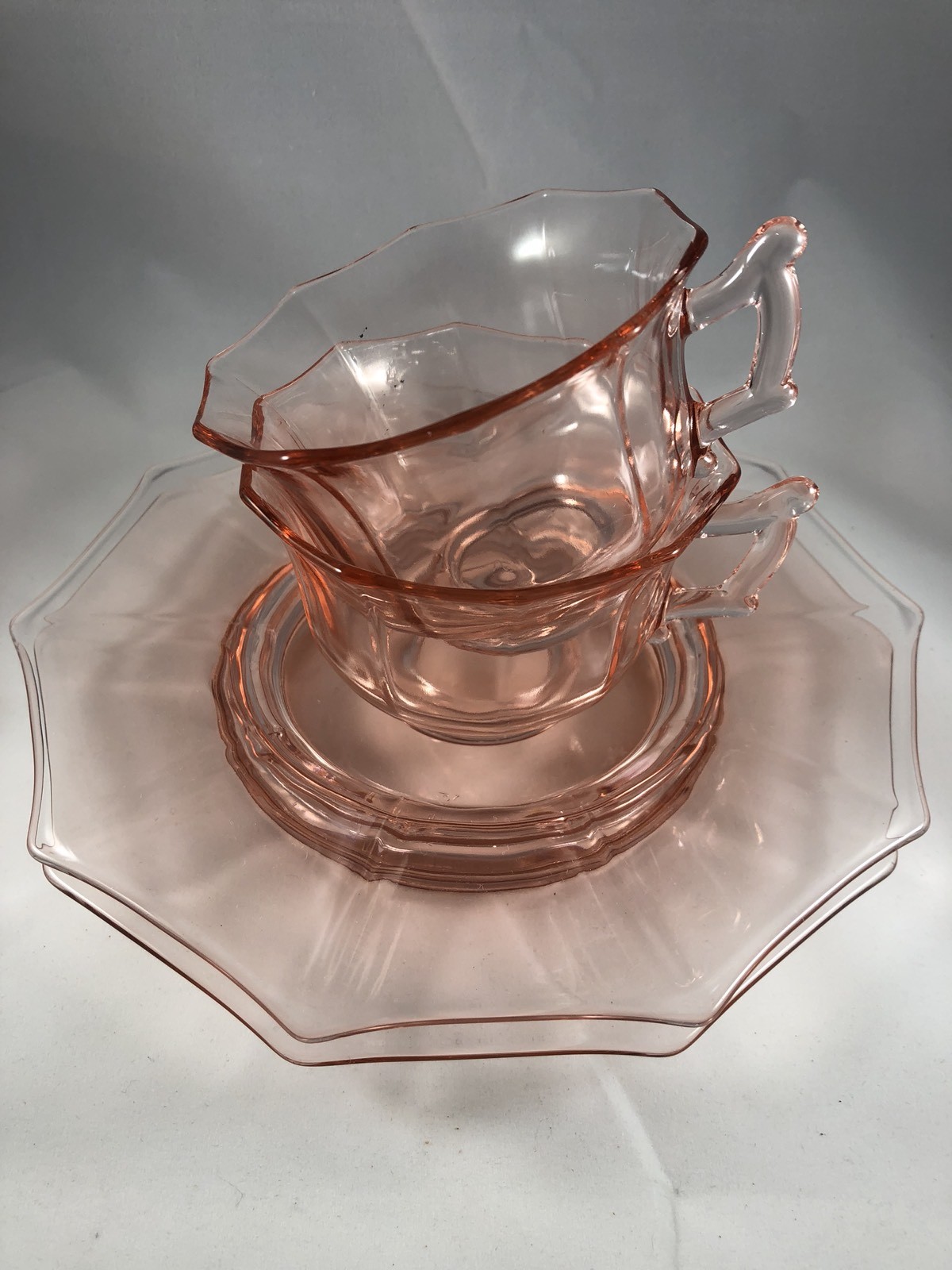 Vintage Cambridge Decagon Pink Glass Set of Two 8" Plates & 2 Cups ...