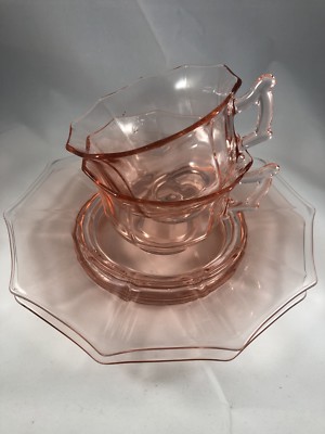 Vintage Cambridge Decagon Pink Glass Set of Two 8" Plates & 2 Cups ...