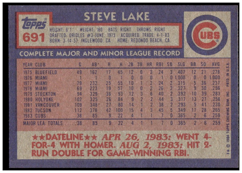 1984 Topps #691 Steve Lake Ex/Nm | eBay