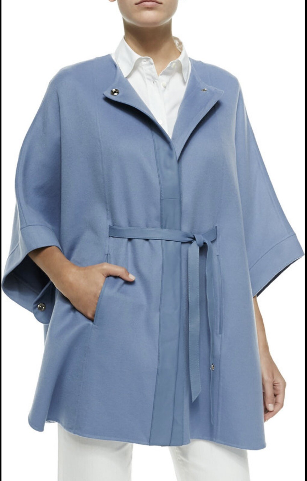 LORO PIANA Blue Cashmere & Leather Cape Coat Jacket - Gem