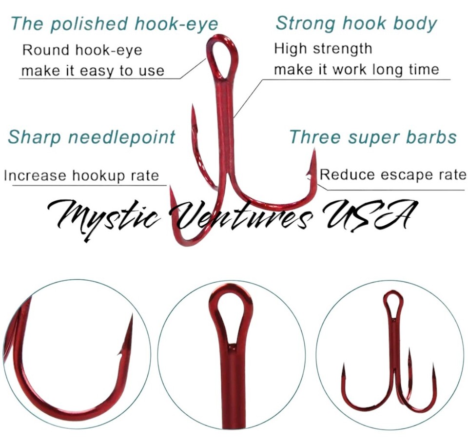 50pcs Red Fishing Hooks Carbon Steel Treble Hooks Fishing Tackle 2# 4 ...