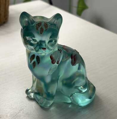 Fenton Handpainted Blue Iridescent Glass Cat Figurine, Floral Limited ...