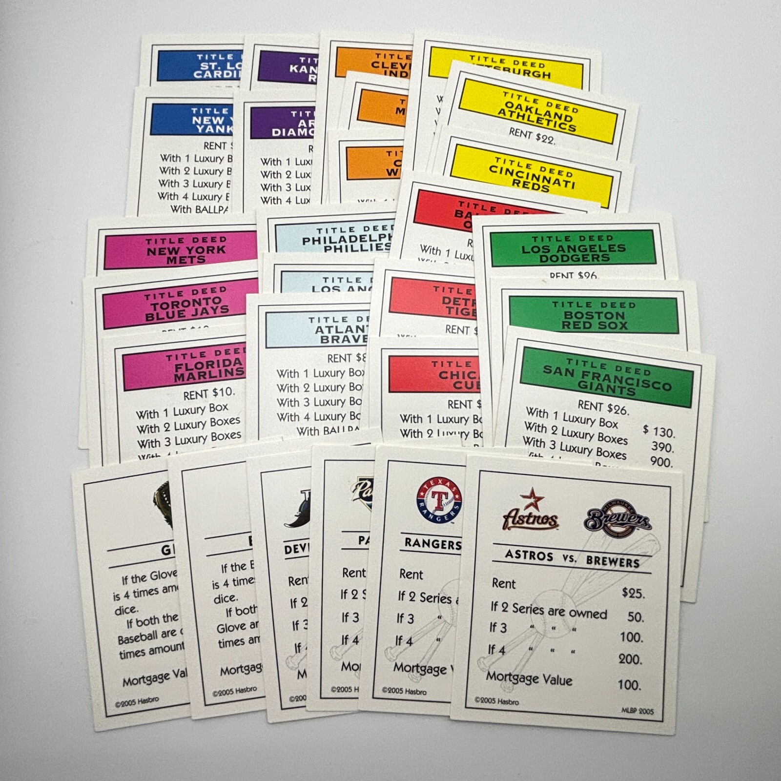 Monopoly Major League Baseball 28 Title Deed Cards 2005 Replacement ...