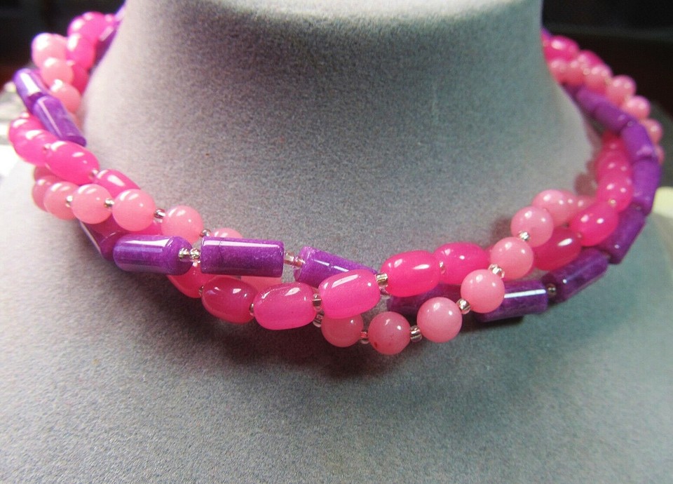 3 Strand Spring Easter Pink Purple Stone 22" Necklace ️ Heart Toggle ...
