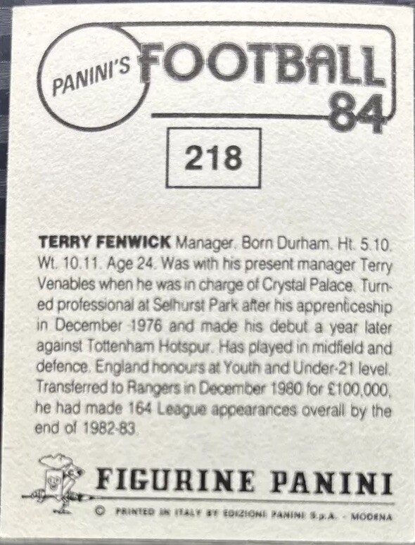 Panini Football 84 - # 218 - TERRY FENWICK - Queens Park Rangers | eBay