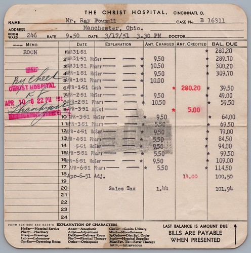 1951 Manchester, Ohio The Christ Hospital Cincinnati Invoice, Bill ...