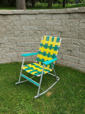 Early Vintage Aluminum Webbed Folding Rocking Lawn Chair Green Arms VTG ...