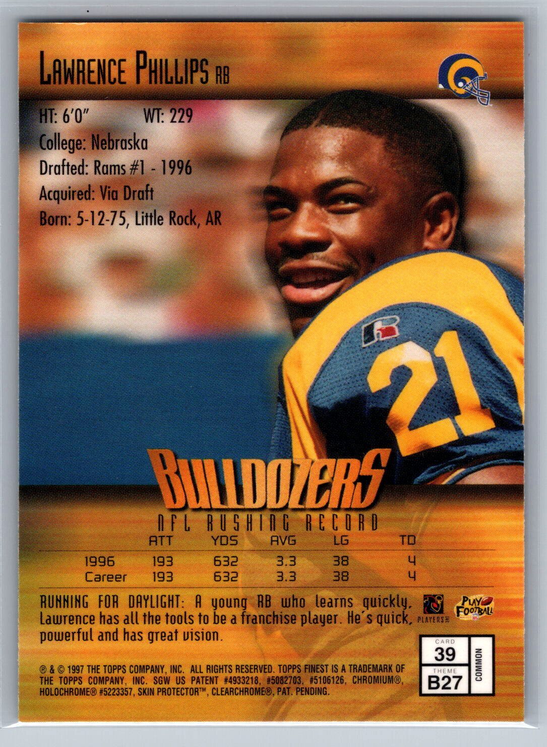 1997 Finest #39 Lawrence Phillips St. Louis Rams W/ Coating | eBay