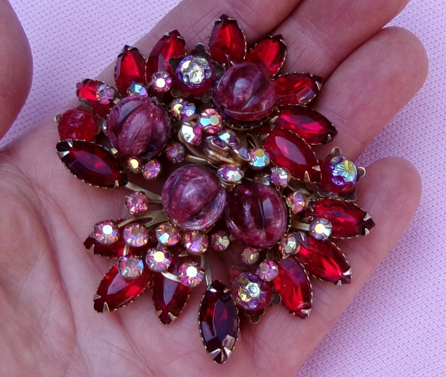 Big Vintage Retro Gold Ruby Red AB Rhinestone Melon B… - Gem