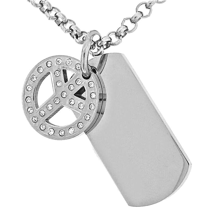 STAINLESS STEEL CRYSTAL SET PEACE SIGN DOG TAG PENDANT , WITH 18" CHAIN ...