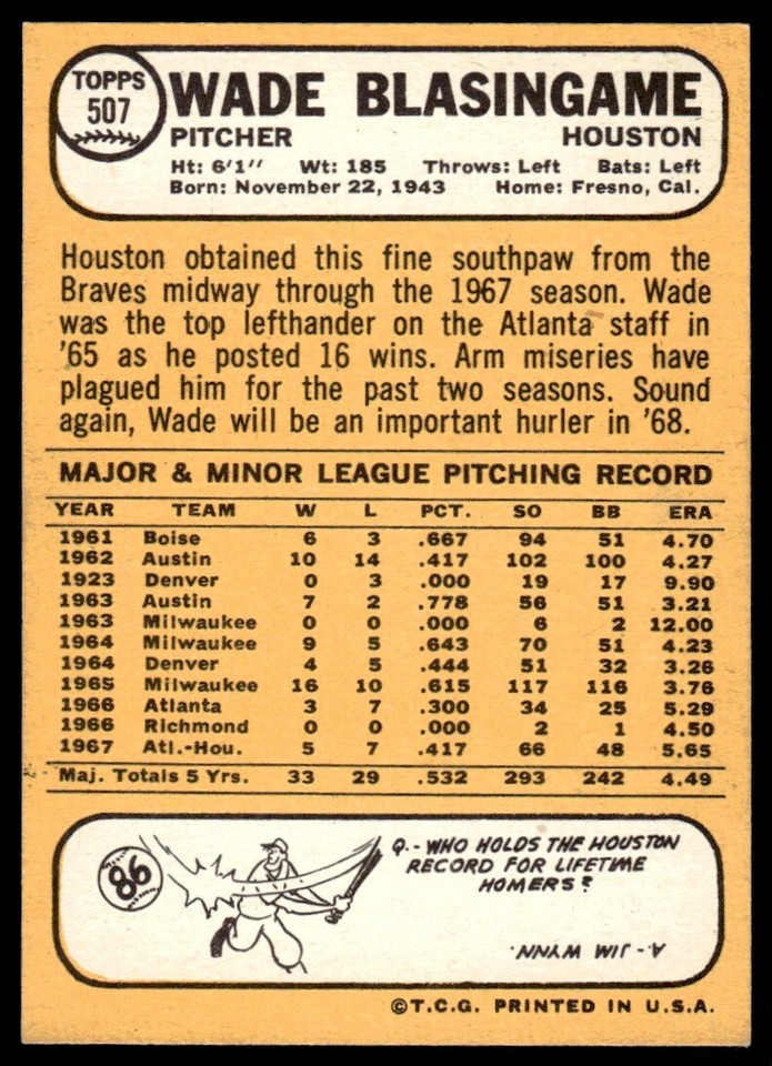1968 Topps Wade Blasingame Houston Astros #507 *Set Break | eBay