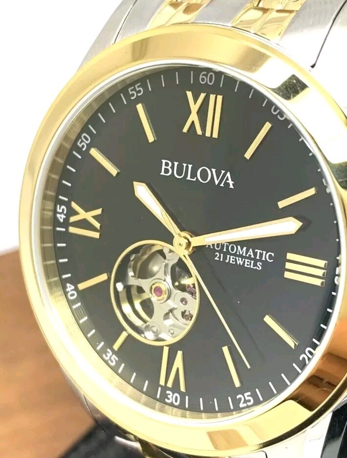 Bulova Men's Watch 98A168 Automatic Black Dial Two Tone Gold Silver ...