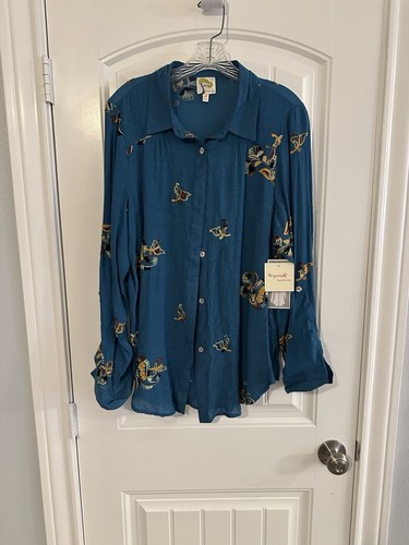 Fig and Flower Top Womens Extra Large Blue Floral Embroidered Button Up ...