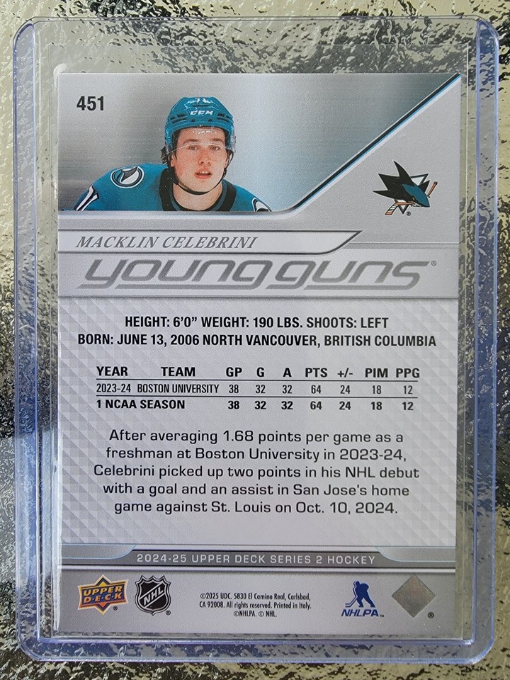 2024-25 Upper Deck Series Two Macklin Celebrini #451 Young Guns Rookie ...