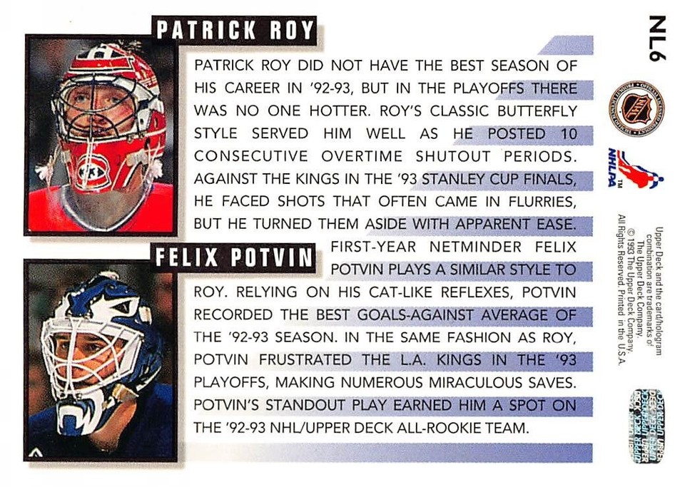 1993-94 Upper Deck Patrick Roy/Felix Potvin Next Line Holo #NL6 NM/MT ...