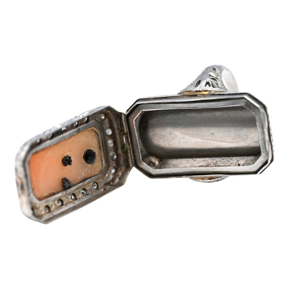 ANTIQUE ART DECO DIAMOND CAMEO FILIGREE OPIUM RING 18K WHITE GOLD SIZE ...