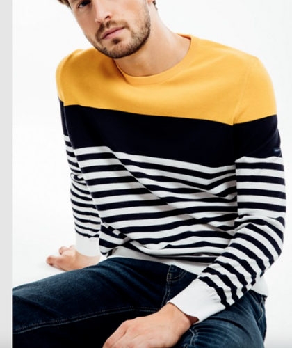 NWT Saint James Navy Yellow Stripe Long Sleeve Cotton Crew Sweater LG ...