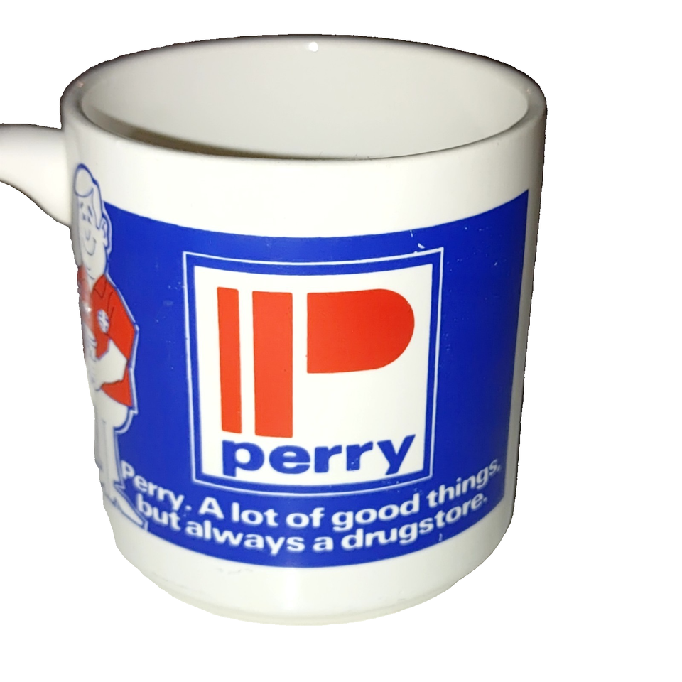 VTG Perry Drugstore Mug Ceramic Red White Blue Logo Ad Logo Kitsch ...
