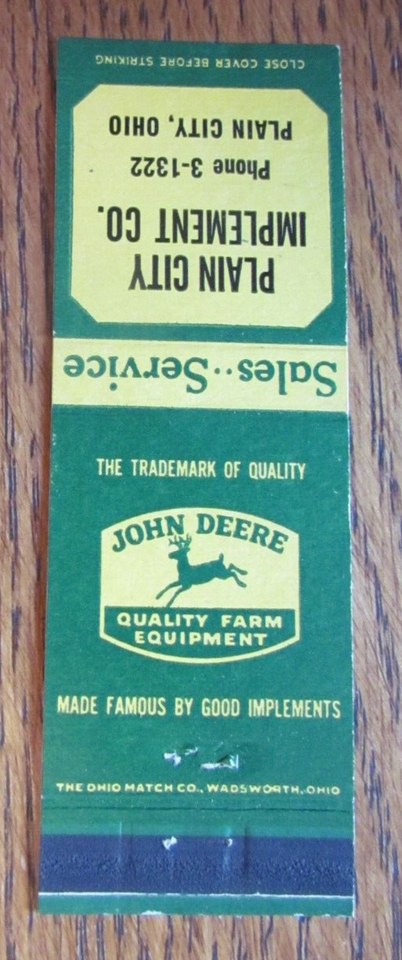 JOHN DEERE TRACTOR MATCHBOOK COVER: PLAIN CITY IMPLEMENT CO. , OHIO -D8 ...