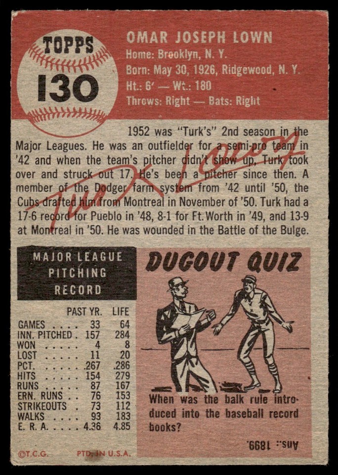 1953 Topps Baseball Card Turk Lown Chicago Cubs #130 EX | eBay