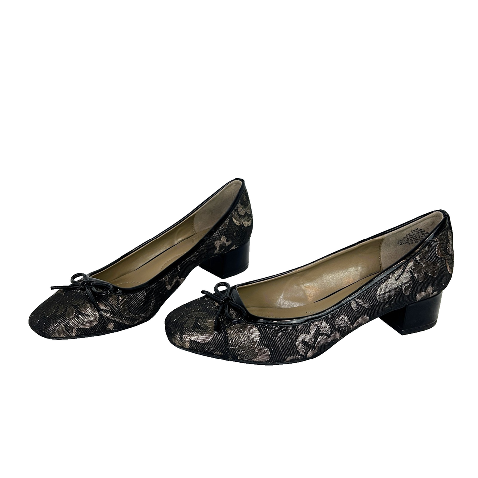 Bandolino Xylon Black + Gold Lace Brocade Ballet Shoes Block Heel ...
