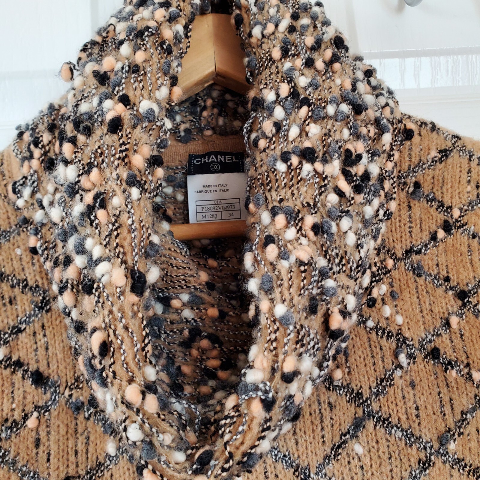 AUTH "COCO" CHANEL TAN/MULTI KNIT BOULCE WOOL BLEND COWLNECK CAMELIA ...