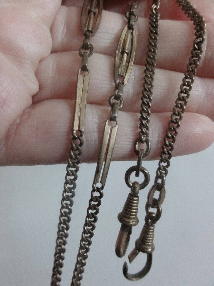 Antique Rolled Gold Long Pocket Watch Chain AM DOUBLE BT Signed 2 ...