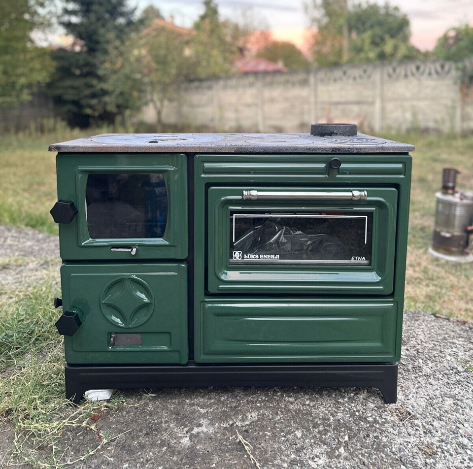 Green enameled wood burning stove with oven, wood cook stove | eBay UK