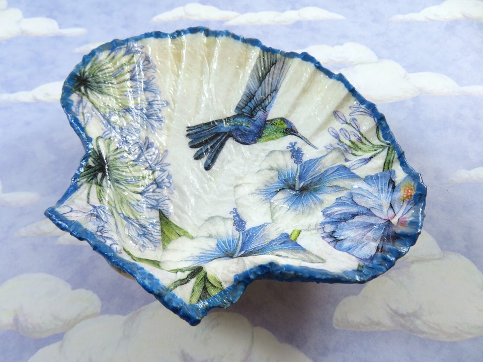 Decoupage Art Scallop Seashell Trinket Dish Hummingbird Floral Blue Rim ...