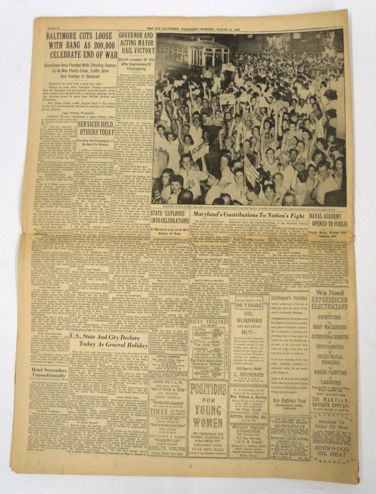 Baltimore Sun Newspaper August 15, 1945 The War Is Over WWII Japanese Surrender | eBay