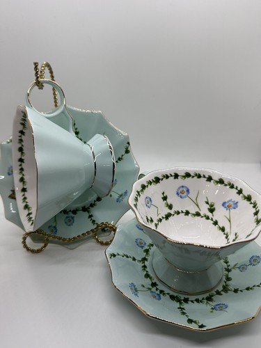2 Meritage Tea Cup & Saucer Green Vines Blue Flowers & Butterfly ...