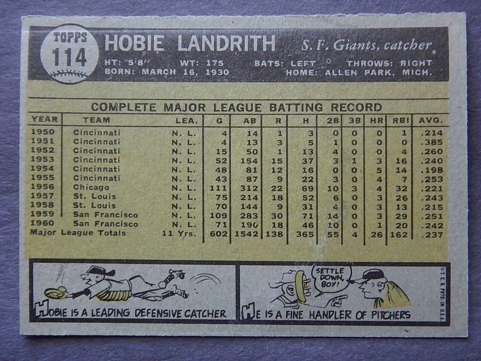 Hobie Landrith #114 Topps 1961 Baseball Card (San Francisco Giants) VG ...