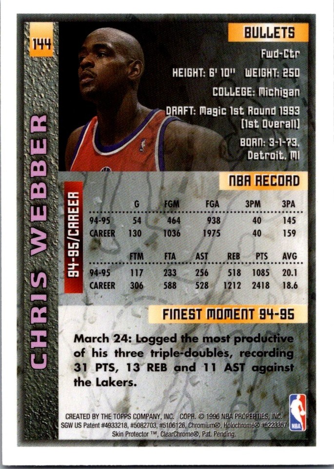 1995-96 FINEST CHRIS WEBBER WASHINGTON BULLETS #144 | eBay