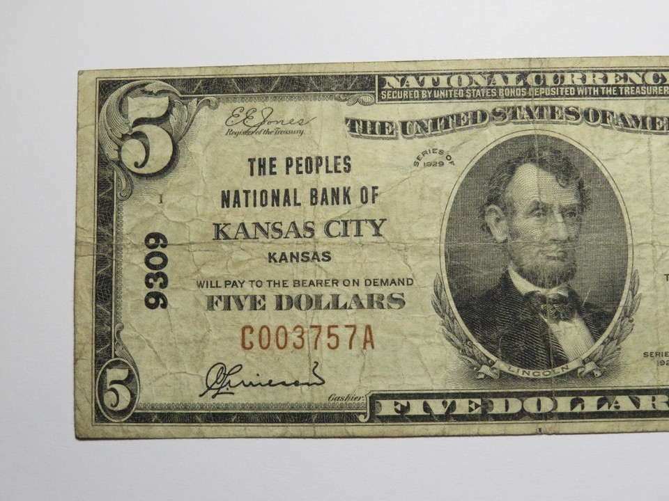 $5 1929 Kansas City Kansas KS National Currency Bank Note Bill Ch #9309 ...
