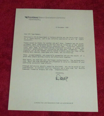 NASA STS-33 Letter Lockheed Space Operations Launch Space Shuttle ...