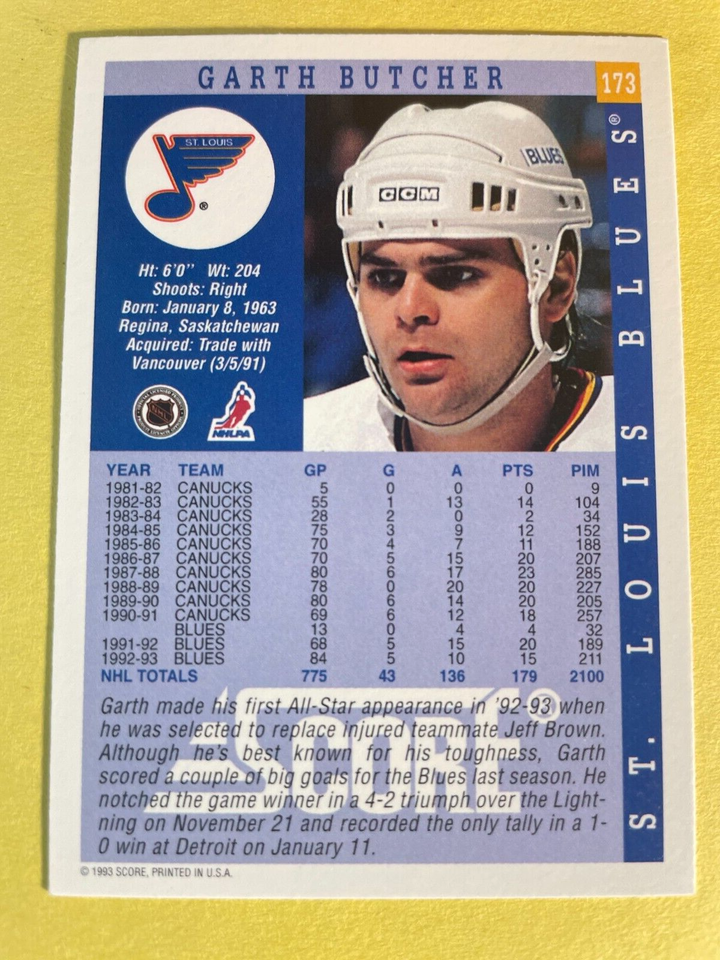 SIGNED GARTH BUTCHER 1993 AUTOGRAPHED SCORE HOCKEY CARD - BLUES | eBay
