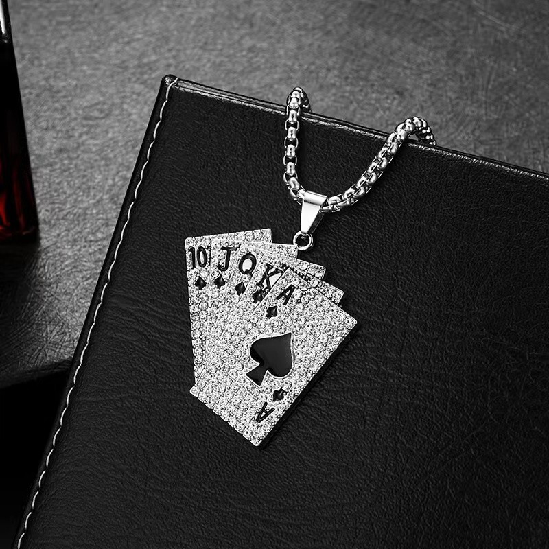 Silver CZ Poker Cards Pendant Necklace Hip Hop Rock Jewelry For Men ...