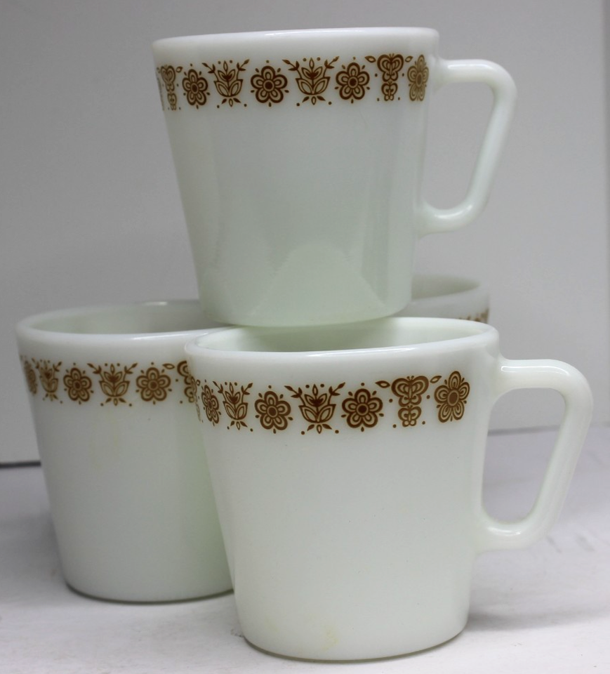 Vintage 70s Corelle Pyrex Butterfly Gold White Coffee Mugs Cup D Handle ...