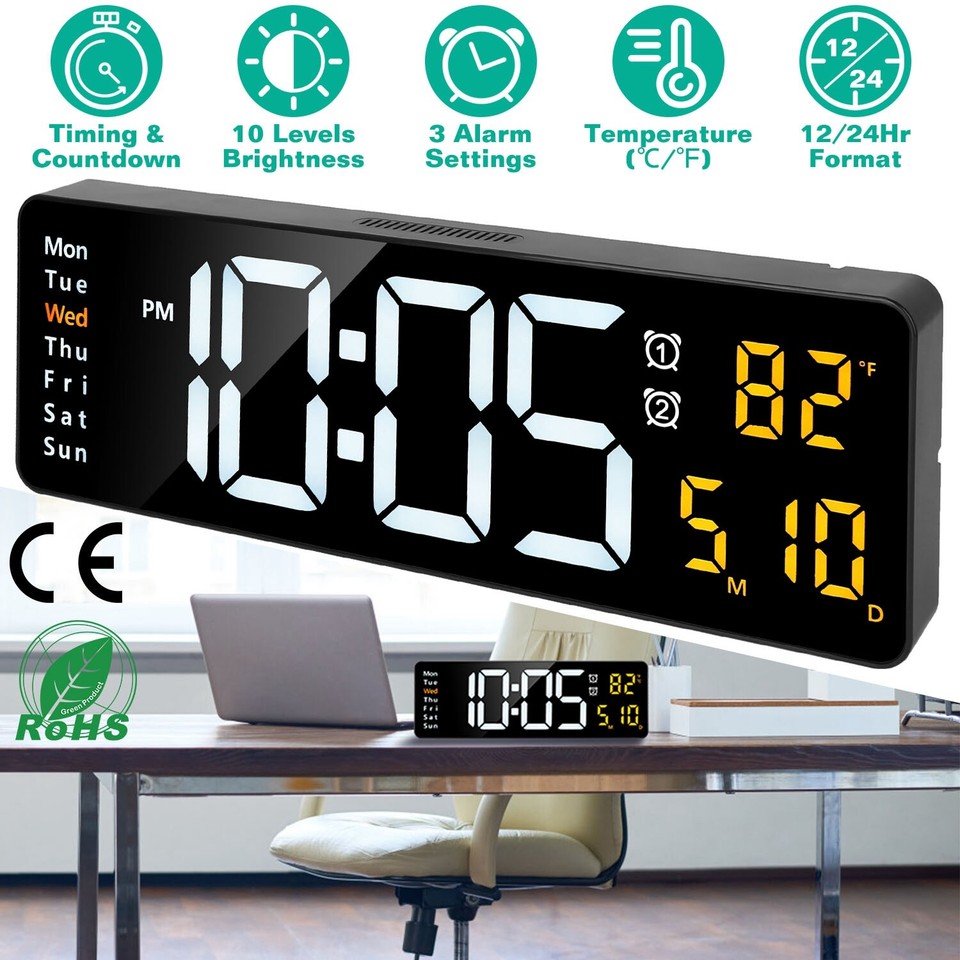 16" Digital LED Desk Alarm Clock Large Display Wall Clock Temperature ...