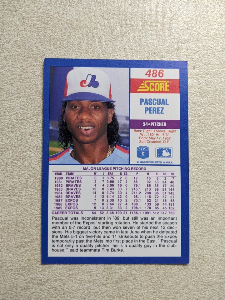 1990 Score #486 Pascual Perez MLB Card~Pitcher~Expos~Mint~Ungraded | eBay