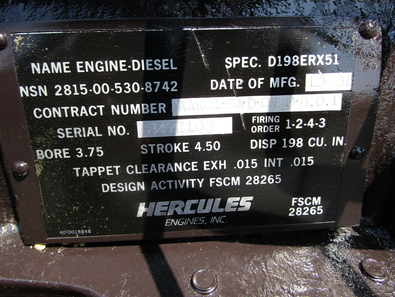 GOVERNMENT REBUILT HERCULES D198 DIESEL ENGINE | eBay