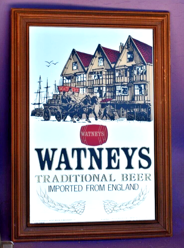 Vintage WATNEYS Red Barrel BEER SIGN ENGLAND Framed Bar Mirror 21" x 15 ...