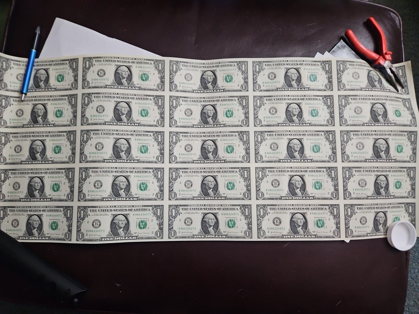 $1 One Dollar Bills Uncut Currency Sheet of 25 Notes 2017 Washington DC ...