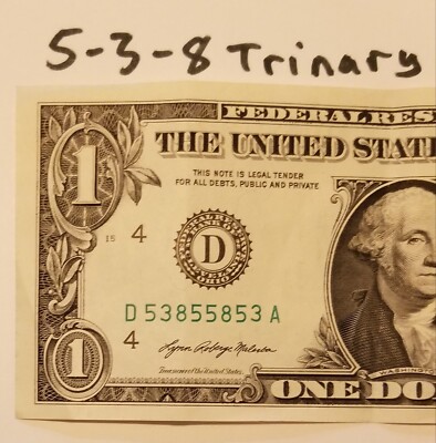 Palindrome One Dollar Bill Trinary RADAR Cleveland $1 Fancy Serial ...