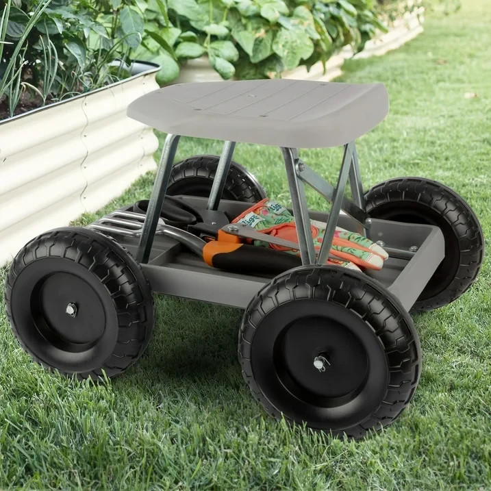 Pure Garden Rolling Garden Stool – Portable Seat with Storage Tray ...