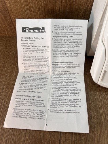 Kenmore Thermostatic Ceiling Fan Remote Control Model No. 99500 | eBay